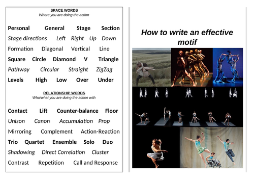 GCSE Dance Word Bank for Actions Space Dynamics Relationships ...