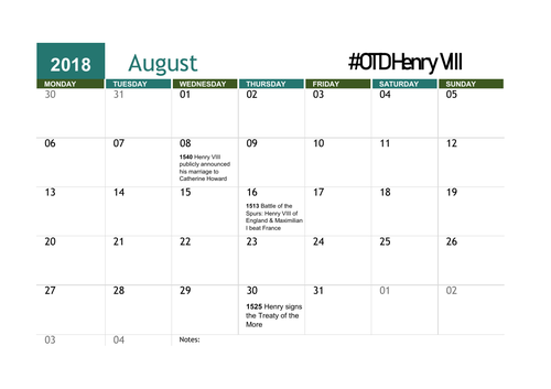 Henry VIII On This Day 2018-19 Calendar (Edexcel) | Teaching Resources