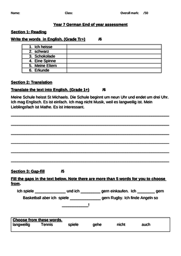 Year 7 German - End of Year Assessment | Teaching Resources