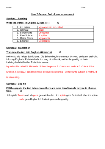 Year 7 German - End of Year Assessment | Teaching Resources
