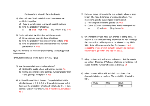 Probability of Combined and Mutually Exclusive Events | Teaching Resources