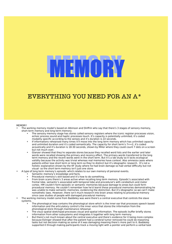 Memory- AQA A Level Psychology | Teaching Resources