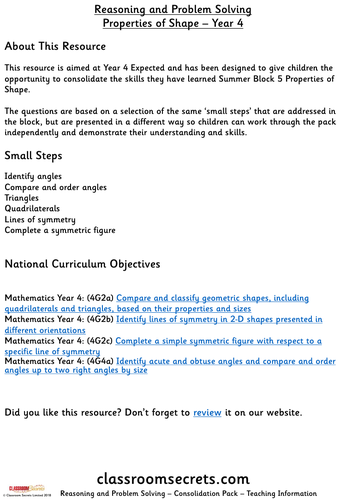 Properties of Shape Maths Consolidation Year 4 Summer Block 5 Reasoning ... Properties of Shape Maths Consolidation Year 4 Summer Block 5 Reasoning ...