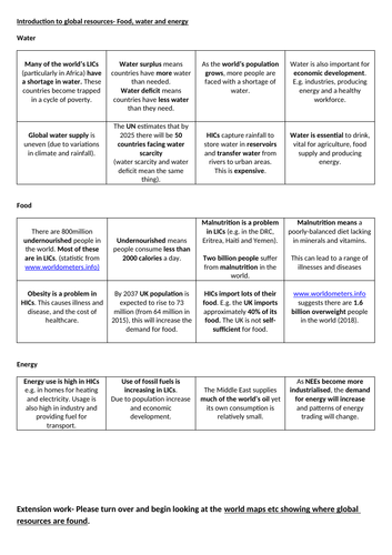 Global distribution of resources energy food and water worksheet 9-1 ...