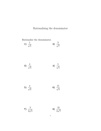 Rationalising the denominator worksheet no 2 (with solutions ...