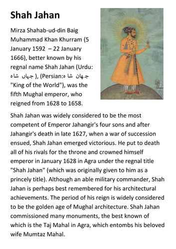 Shah Jahan Handout | Teaching Resources