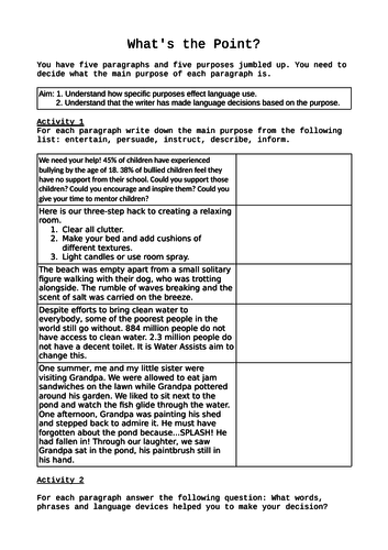 Audience & Purpose Worksheets GCSE Language Analysis | Teaching Resources