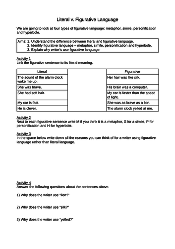2 x Literal versus Figurative Language Worksheets Language Analysis ...