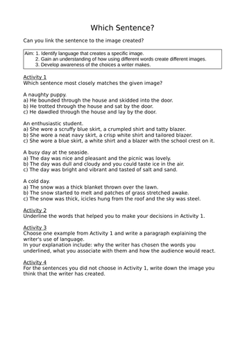 2x Which Sentence Worksheet Language Analysis GCSE Homework | Teaching ...