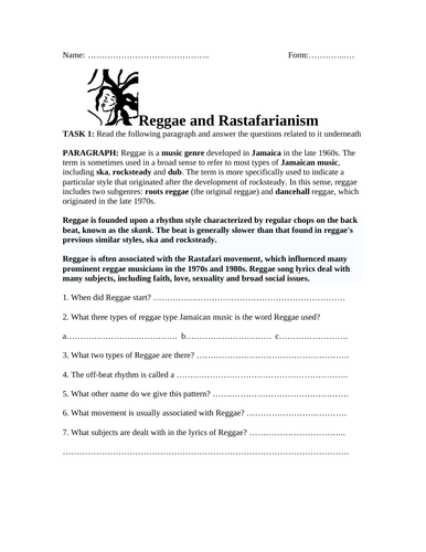 Reggae / Rastafarianism Preparatory Worksheet | Teaching Resources
