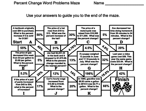 Percent Change Word Problems Activity: Math Maze | Teaching Resources