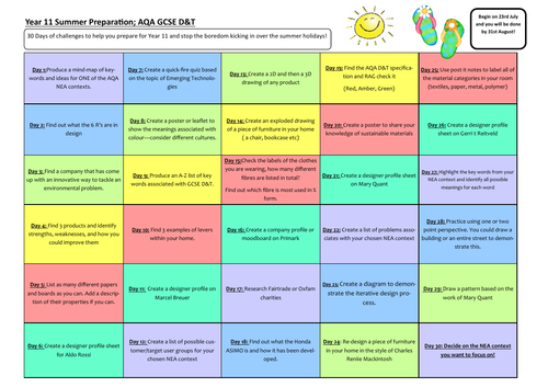 AQA GCSE D&T- 30 Days of Summer Homework | Teaching Resources