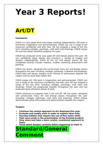 Report Comments - Year 3 | Teaching Resources