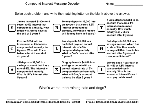 Compound Interest Worksheet: Math Message Decoder | Teaching Resources