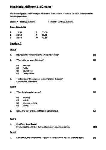 GCSE English Language WJEC Reading and Writing Questions and Mark ...
