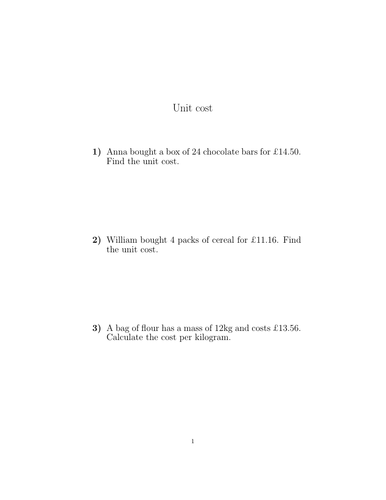 Unit cost worksheet (with solutions) | Teaching Resources