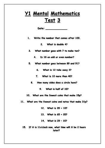 Year 1 Mental Maths Tests | Teaching Resources