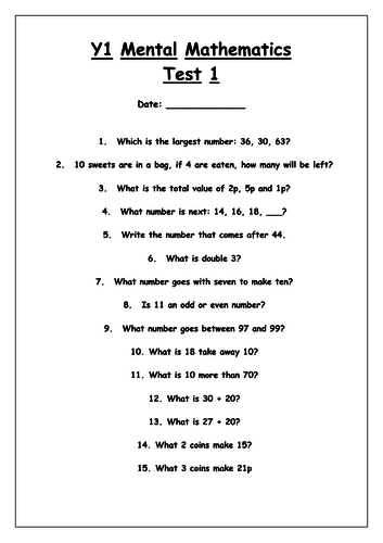 Year 1 Mental Maths Tests | Teaching Resources