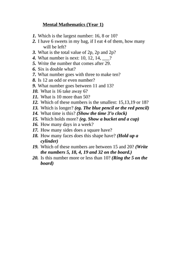 Mental Maths Tests - Y1, Y2, Y3 and Y4 | Teaching Resources