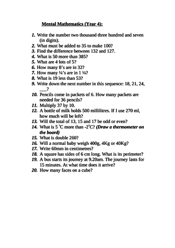 Mental Maths Tests - Y1, Y2, Y3 and Y4 | Teaching Resources