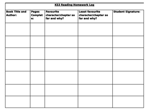 Reading Homework Log (KS3) | Teaching Resources