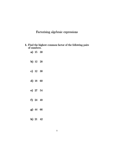 Factorising algebraic expressions (introductory) worksheet no 3 (with ...
