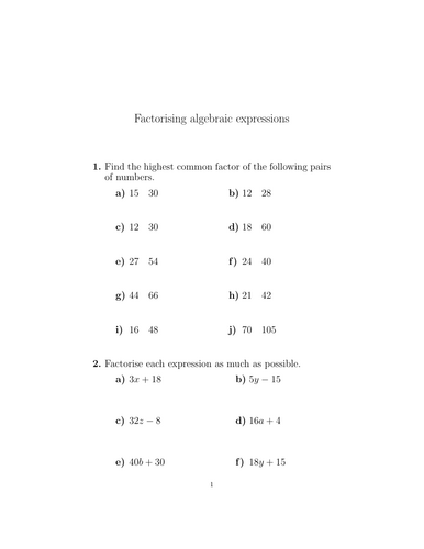 Factorising algebraic expressions (introductory) worksheet no 3 (with ...