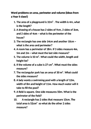 Volume, perimeter, area word problems (written by Year 5!) | Teaching ...