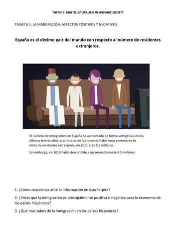 Spanish A Level. Paper 3 (Speaking) discussion cards: La inmigración ...