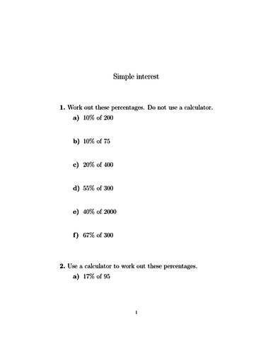 Simple interest worksheet (with solutions) | Teaching Resources