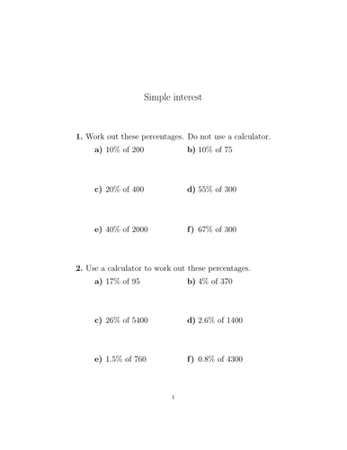 Simple interest worksheet (with solutions) | Teaching Resources