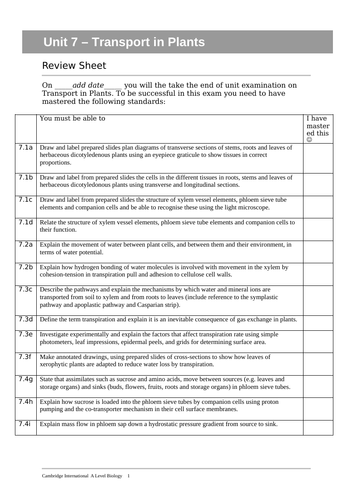 9700 CIE Transport in Plants Examination Pack - Review Sheet, Exam with ...