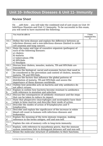 9700 CIE Immunity & Infectious Diseases Exam Pack - Review Sheet, Exam ...