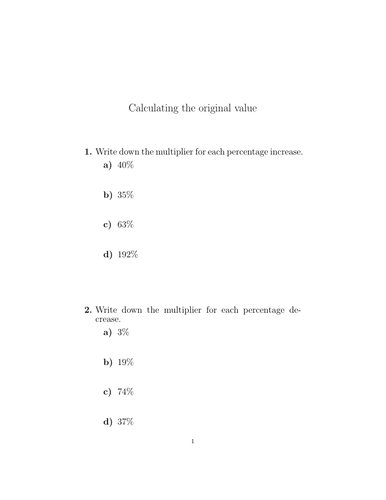 Calculating the original value worksheet (with solutions) | Teaching ...