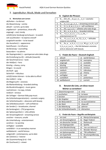 AQA A Level German - Vocabulary Worksheets for Themes 1 and 2 ...