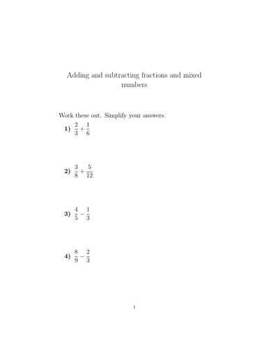 Adding and subtracting fractions and mixed numbers worksheet (with ...