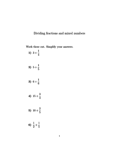 Dividing fractions and mixed numbers worksheet (with solutions ...