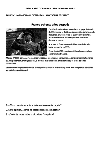 Spanish A Level: Paper 3 speaking cards: Monarquías y dictaduras ...