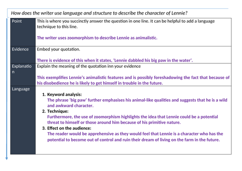Year 9 English PEEL worksheet OMAM | Teaching Resources