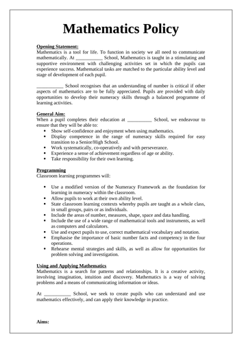 Primary Mathematics Policy - Fully editable | Teaching Resources