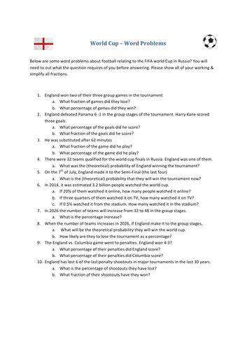 Russia 2018 Fifa World Cup Word Problems | Teaching Resources