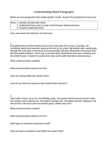 4x Mood Worksheets English Creative Writing Language Analysis GCSE ...