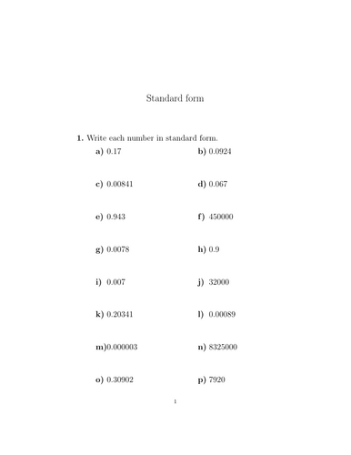 Standard form worksheet no 3 (with solutions) | Teaching Resources
