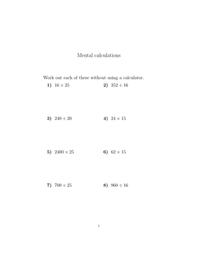 Mental calculations worksheet (with solutions) | Teaching Resources