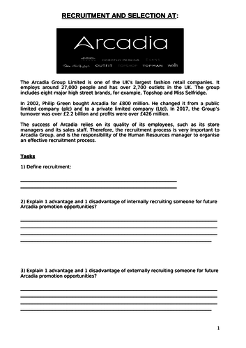 Recruitment & Selection worksheet | Teaching Resources