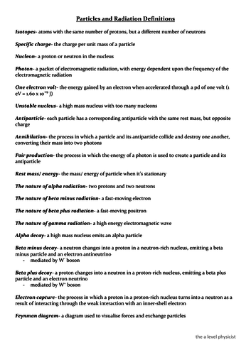 AQA Physics A Level: Particles and Radiation Definitions | Teaching ...
