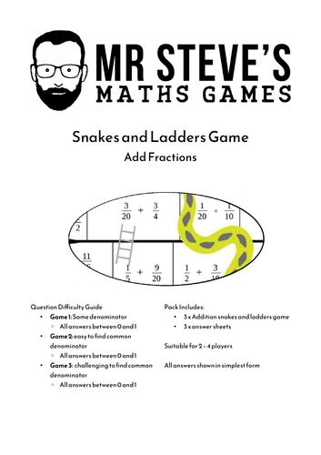 Add Fractions Game Snakes and Ladders Addition Year 6 Year 7 Year 8 ...