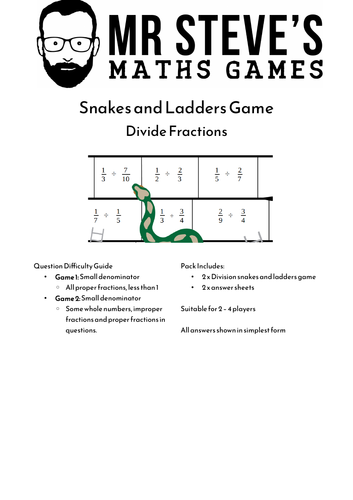 Divide Fractions Game Snakes and Ladders Division Year 6 Year 7 Year 8 ...