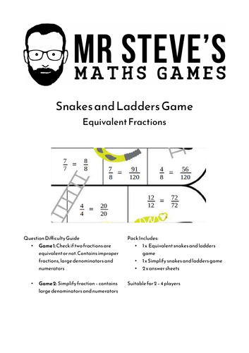 Equivalent Fractions Game Snakes and Ladders Simplify Year 5 Year 6 ...