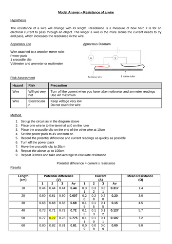 Resistance required practical model answer AQA 9-1 | Teaching Resources